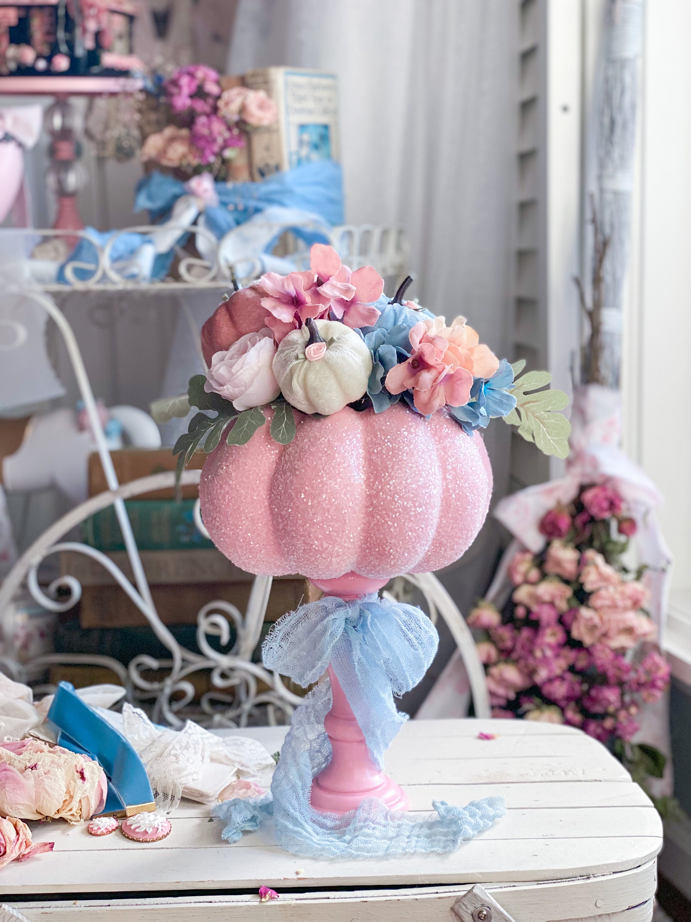 Bespoke Upcycled Pastel Pink Glitter Pumpkin Finial With - Etsy