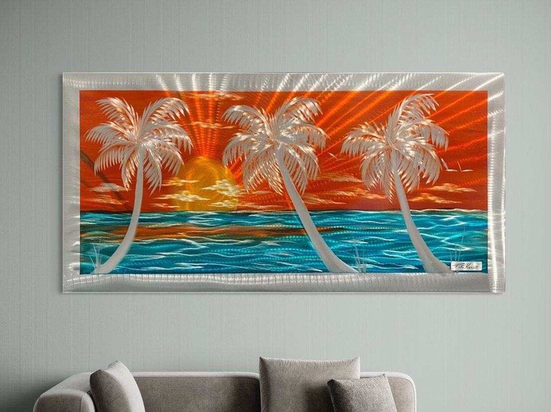 Sunset Metal Wall Art Painting Sculpture, Home Decor Palm Tree Scene ...