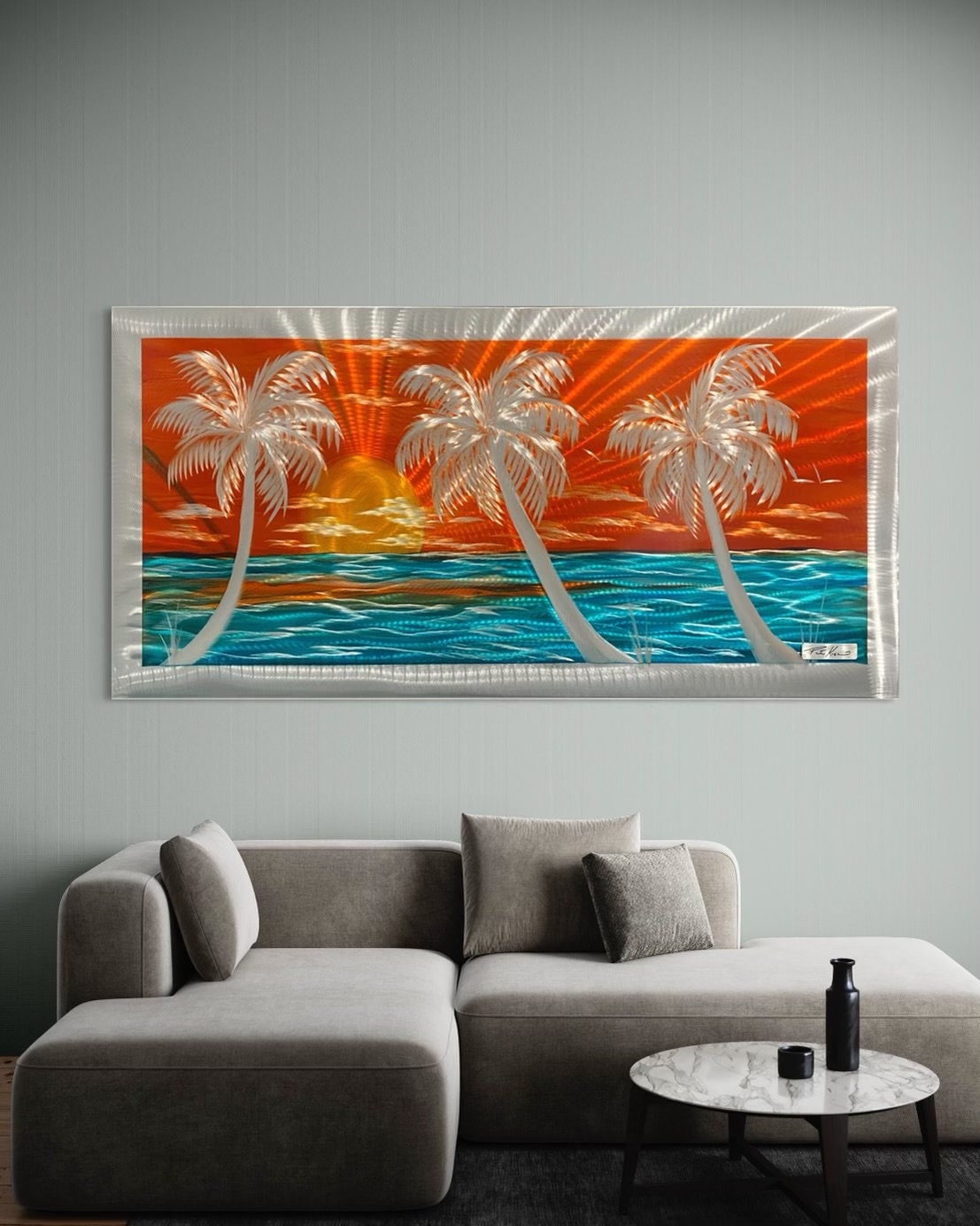 Sunset Metal Wall Art Painting Sculpture, Home Decor Palm Tree Scene ...