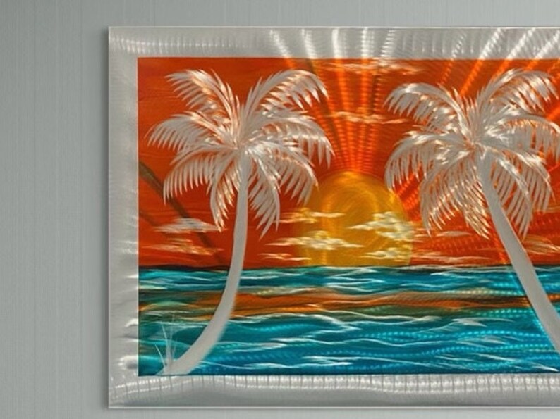 Sunset Metal Wall Art Painting Sculpture, Home Decor Palm Tree Scene ...