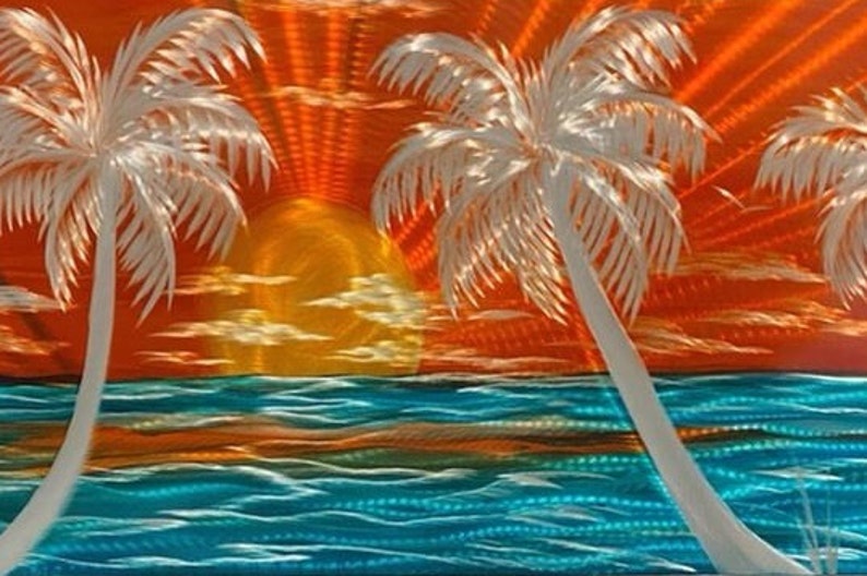 Sunset Metal Wall Art Painting Sculpture, Home Decor Palm Tree Scene ...