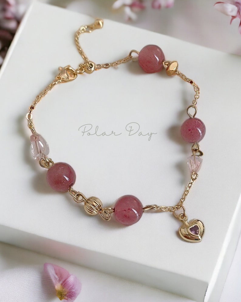 Pink Crystal Bracelet - Strawberry Quartz Heart Charm Gold Color Chain ...