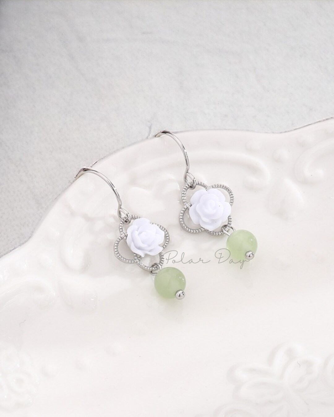 Chinese Classic Traditional Jade Camellia Flower Drop Dangle Earrings ...