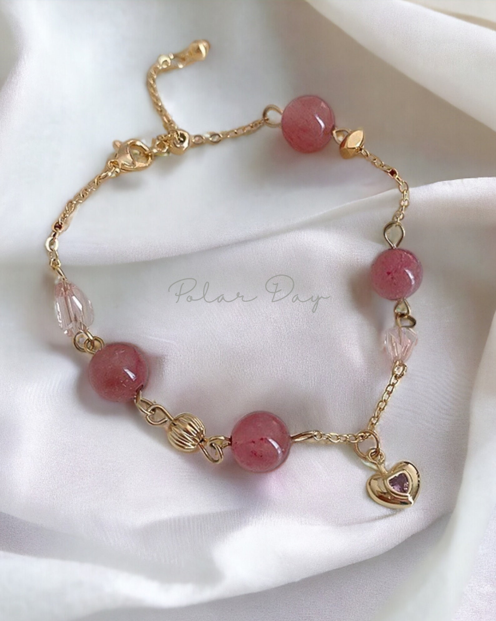 Pink Crystal Bracelet - Strawberry Quartz Heart Charm Gold Color Chain ...
