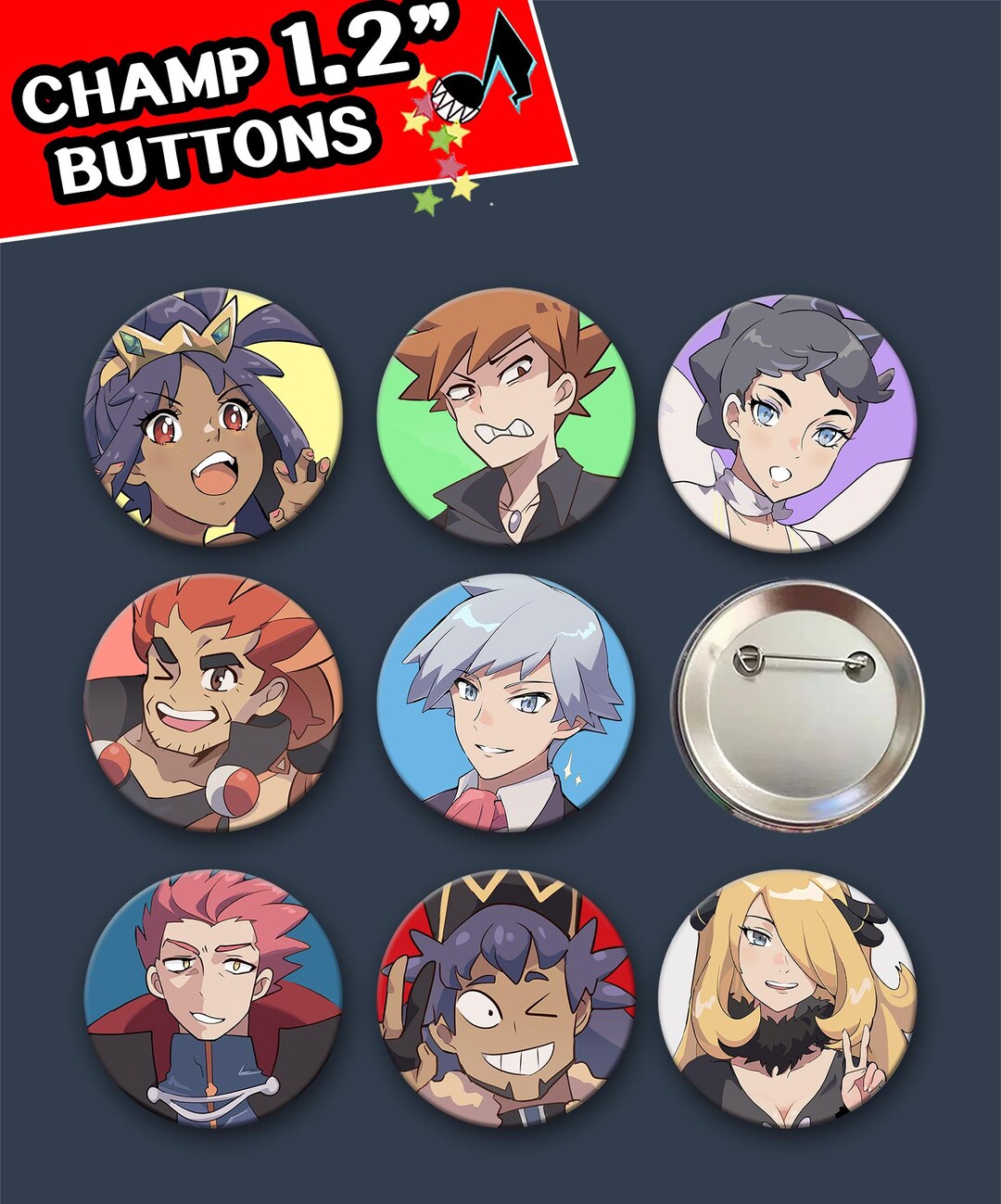 Pokémon Buttons Champions Lance Cynthia Diantha Steven Stone Leon Alder ...