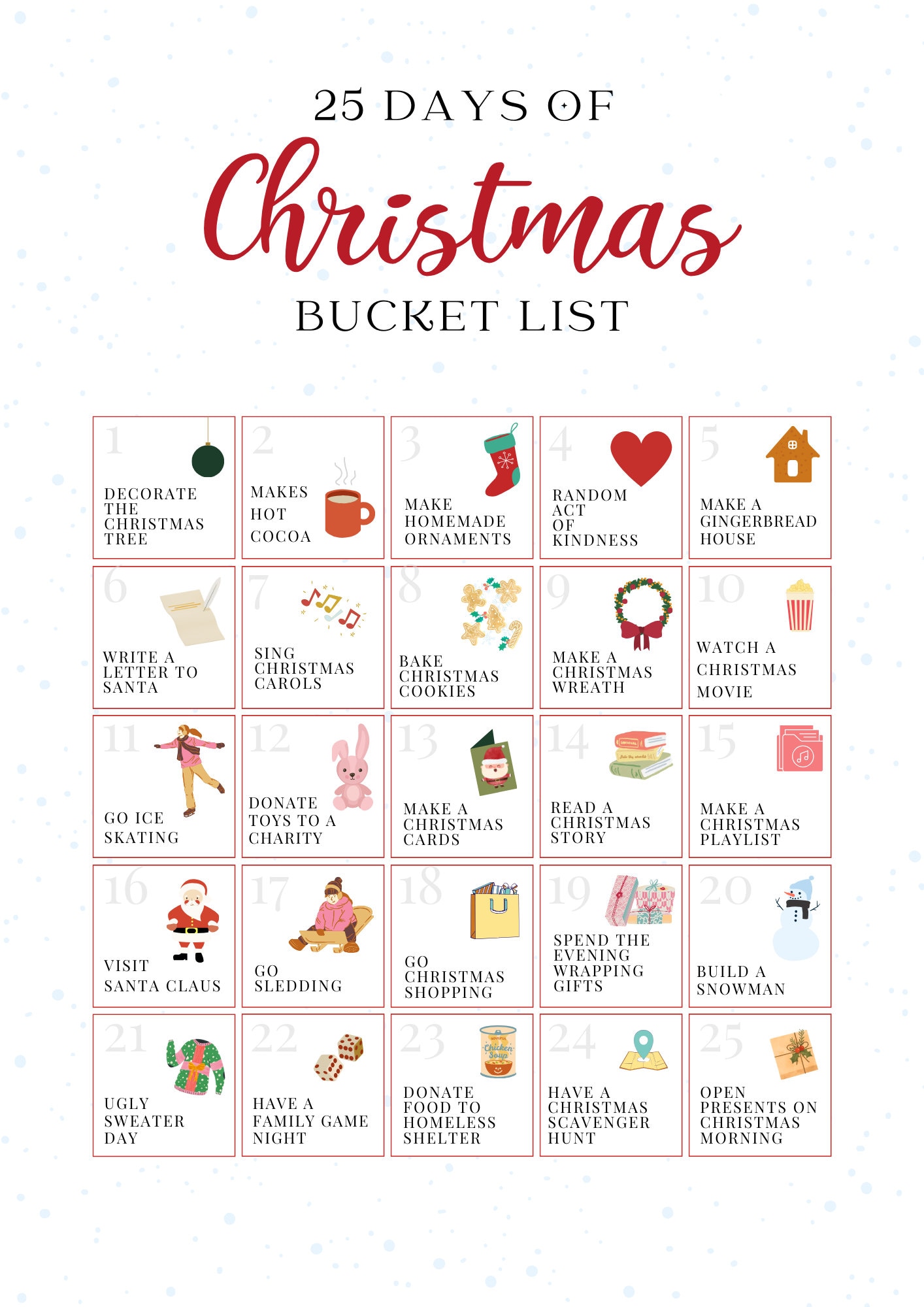 25 Days of Christmas Bingo - Christmas Bucket List - Christmas Game ...