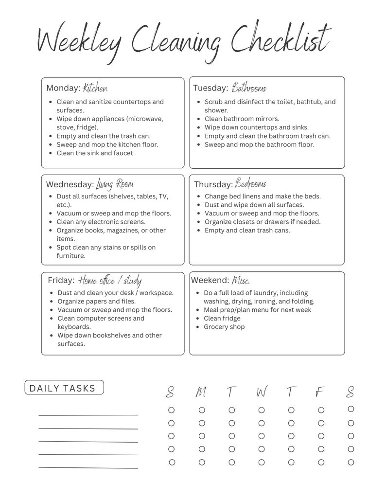 Minimalist Weekly Cleaning Checklist Template Daily Cleaning Checklist
