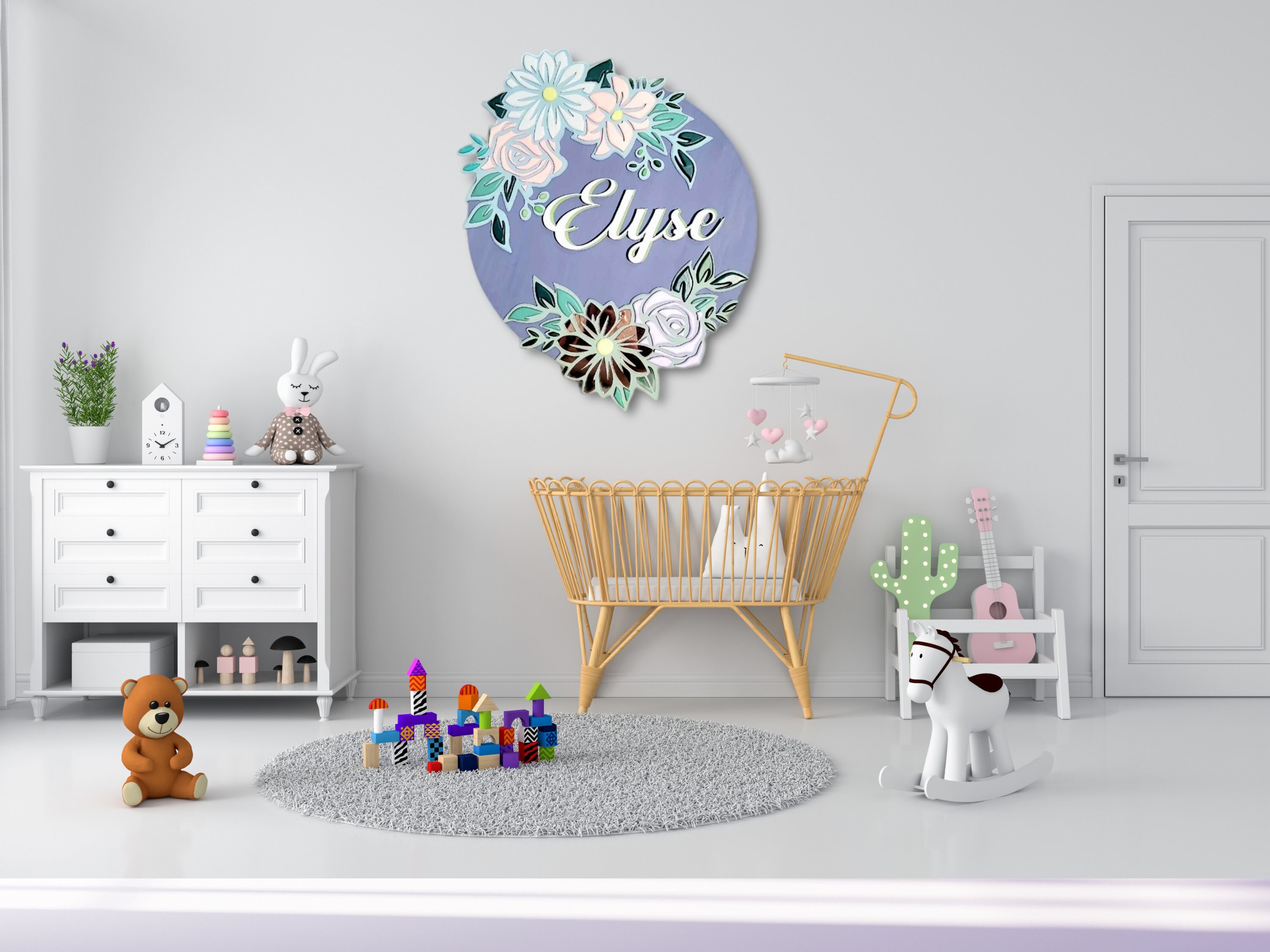 Floral Nursery Sign/ SVG/ Laser Made/ Round Nursery Sign/ Name Sign ...