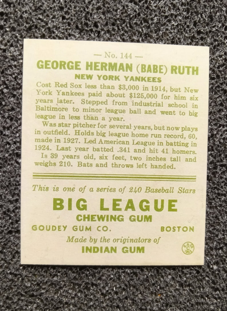 1940 Babe Ruth Goudy Gum Autograph Rookie Card. Reprint Mint Condition ...