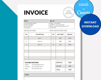 Minimalist Invoice Custom Logo Form Template Printable Editable Blank ...
