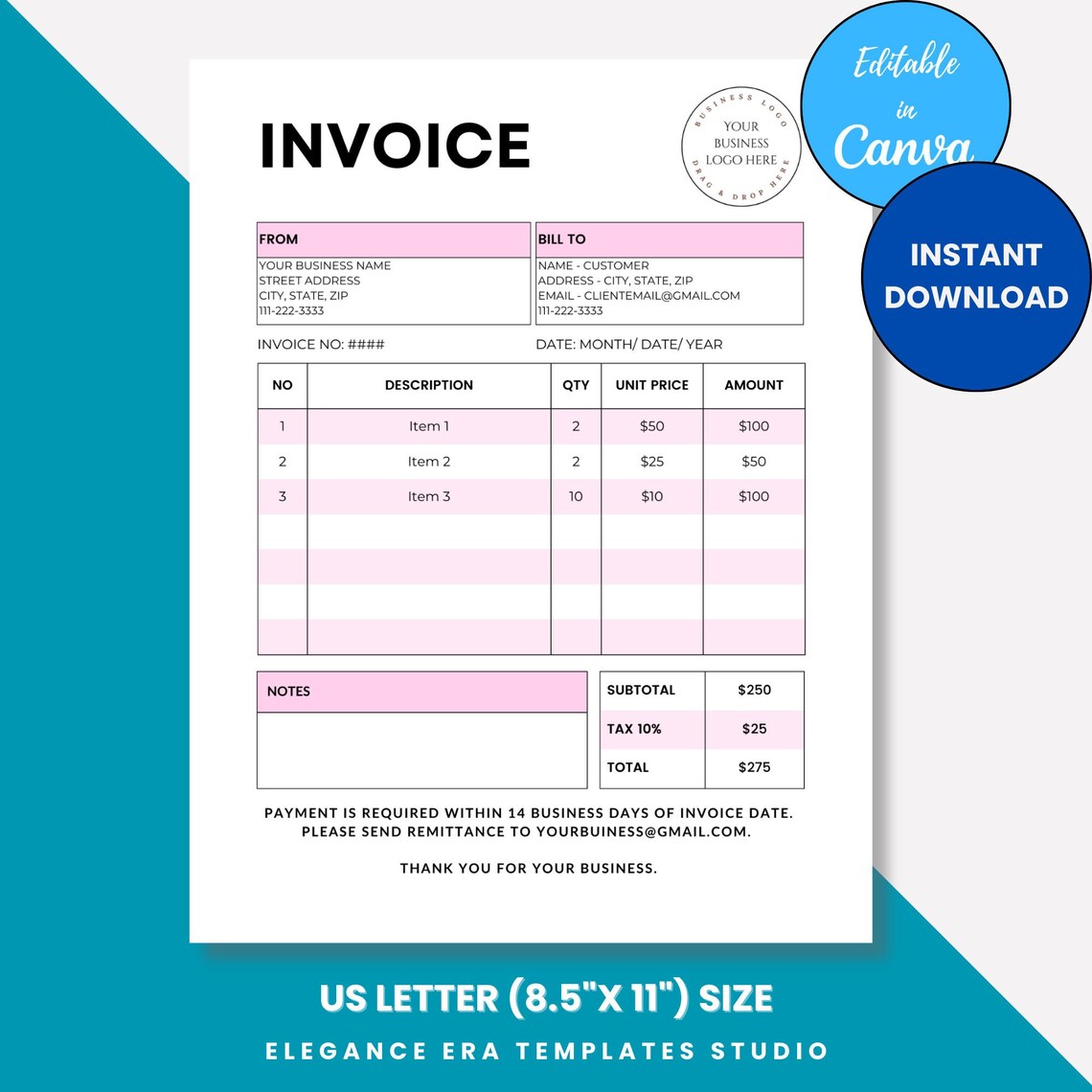 Printable Invoice Custom Form Template Editable Blank Invoice - Etsy