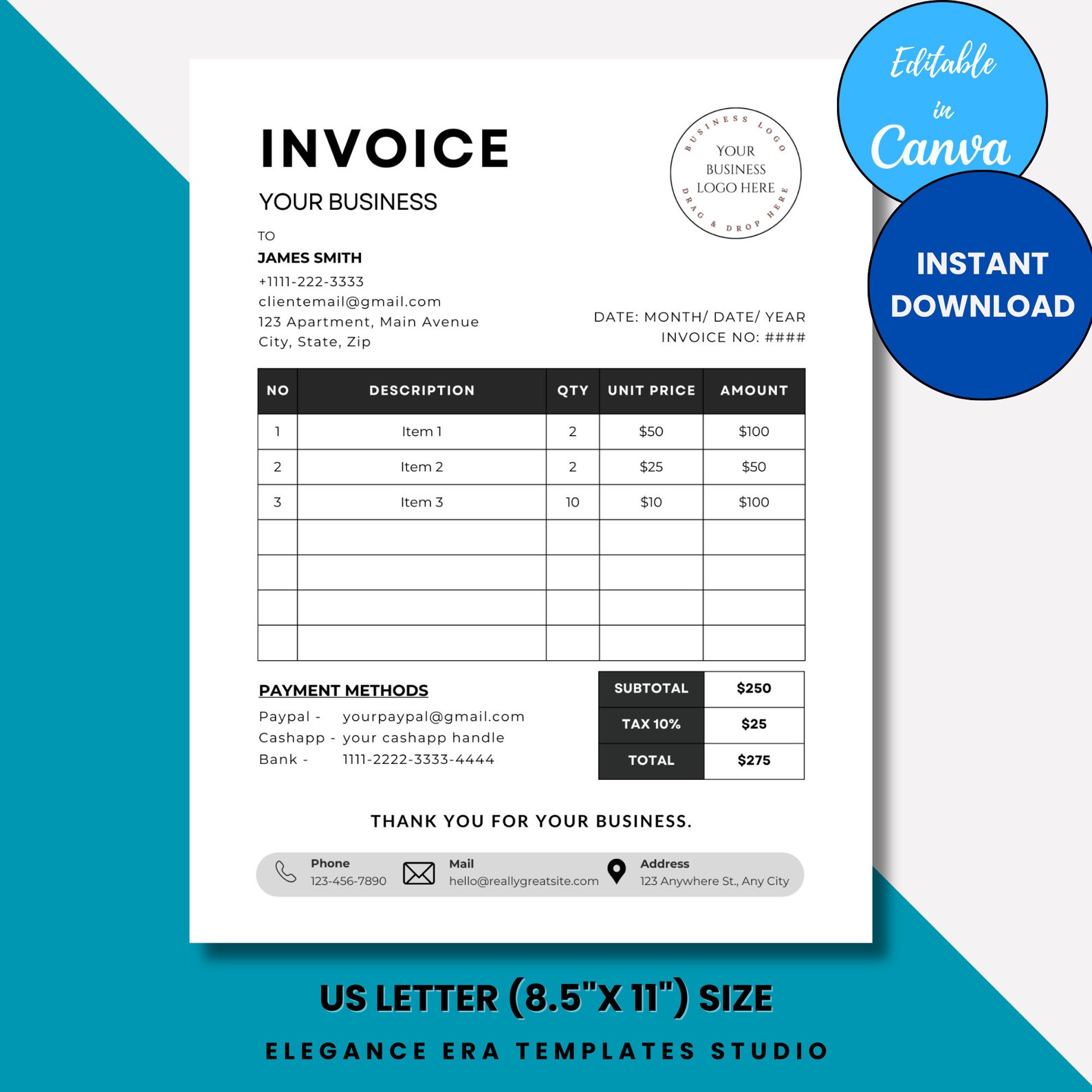 Printable Invoice Custom Form Template Editable Blank Invoice Canva ...