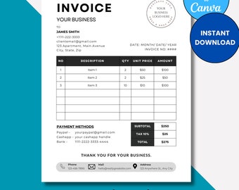 Minimalist Invoice Custom Logo Form Template Printable Editable Blank ...