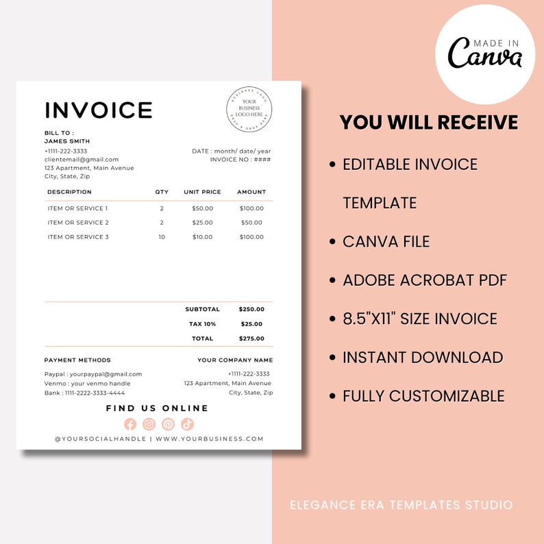 Minimalist Invoice Custom Logo Form Template Printable Editable Blank ...