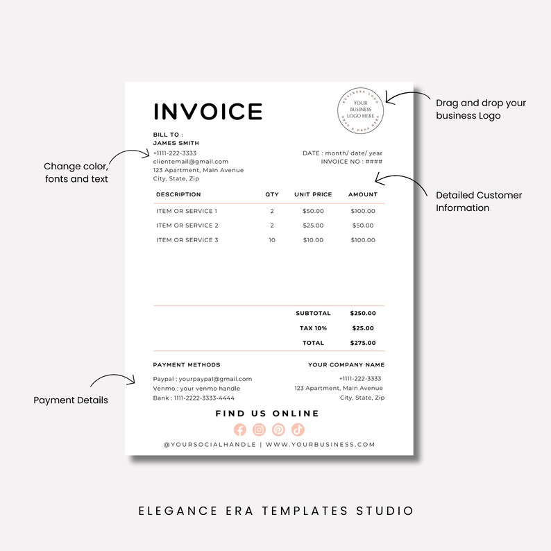Minimalist Invoice Custom Logo Form Template Printable Editable Blank ...