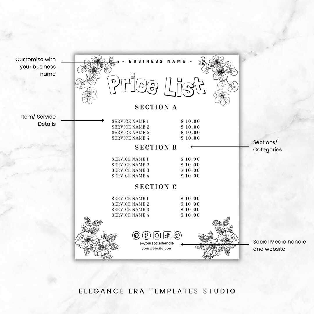 Minimalist Price List Template Custom Editable Black and White Pricing ...