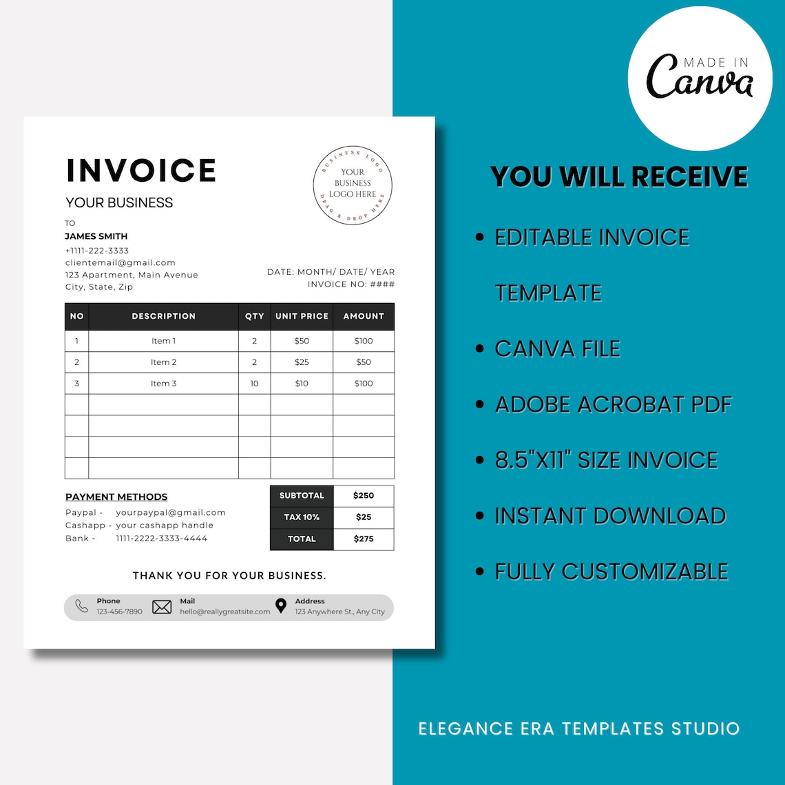 Printable Invoice Custom Form Template Editable Blank Invoice Canva ...