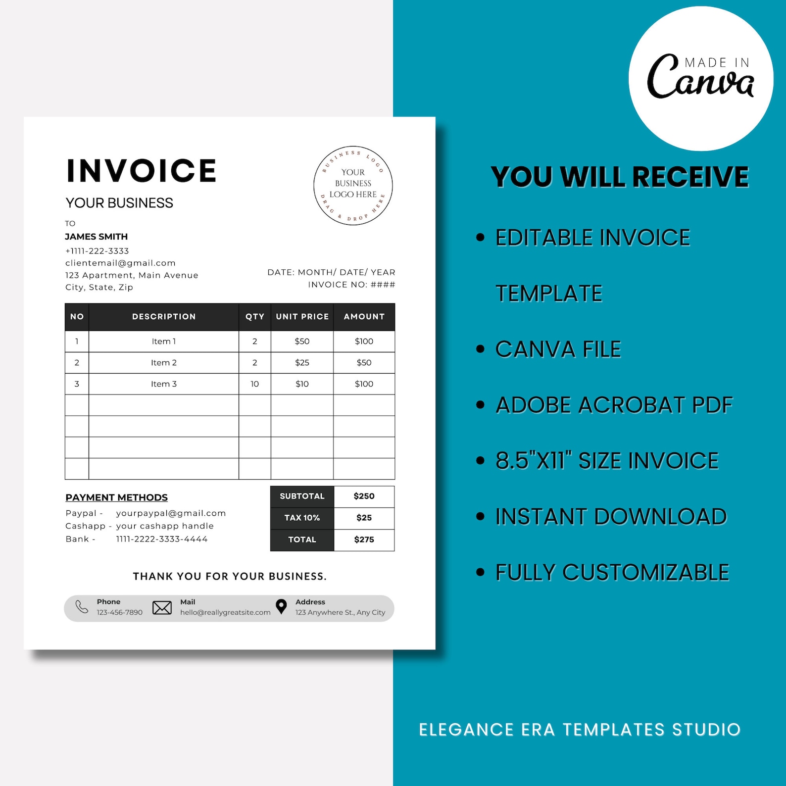 Printable Invoice Custom Form Template Editable Blank Invoice Canva ...