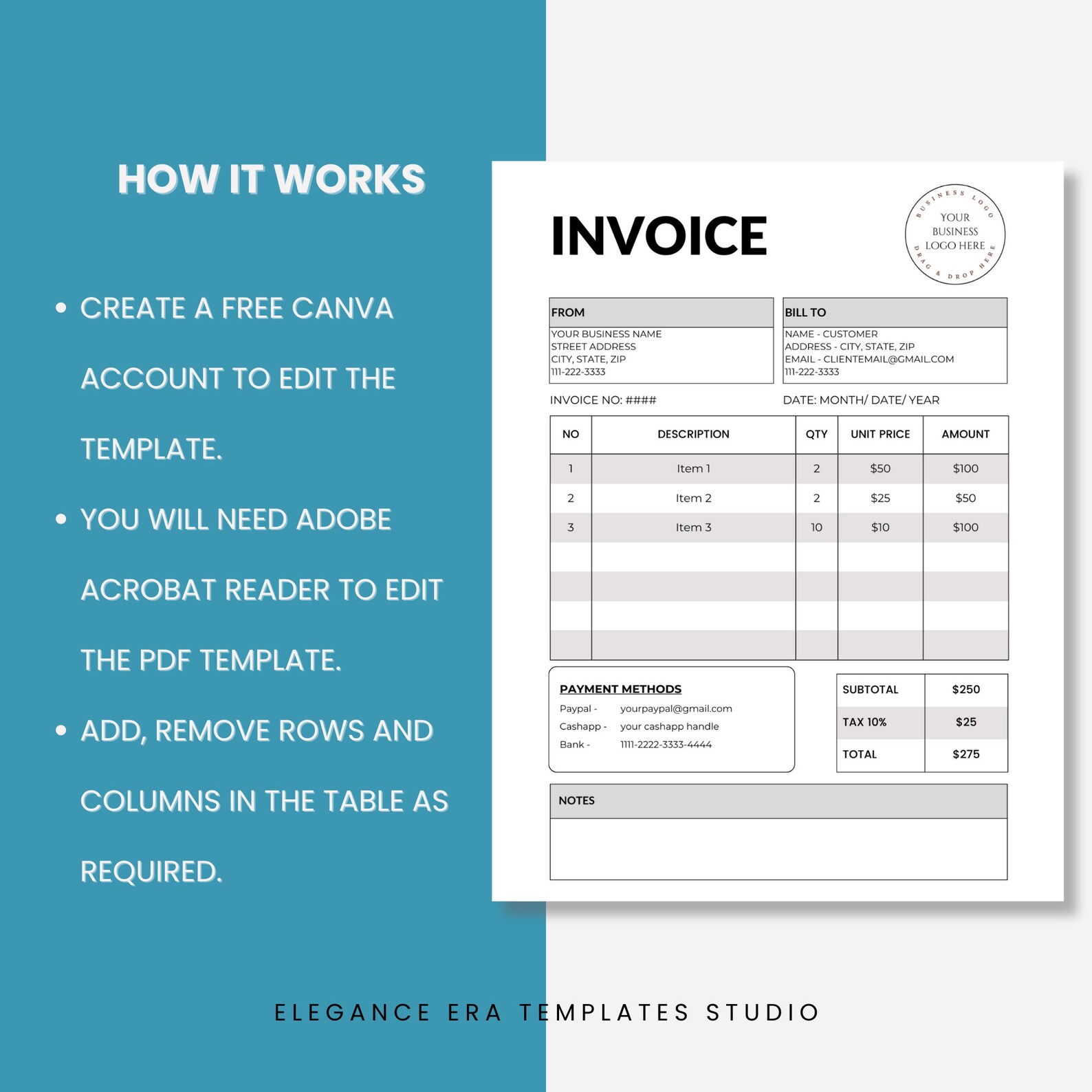 Editable Blank Invoice Custom Form Template Printable Black and White ...