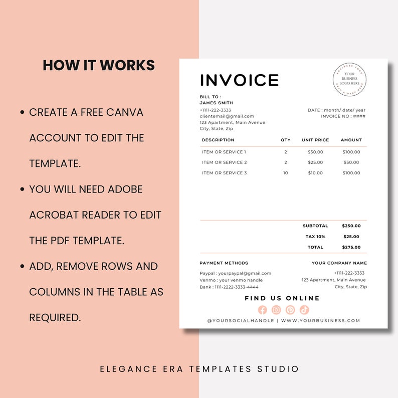 Minimalist Invoice Custom Logo Form Template Printable Editable Blank ...