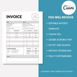 Editable Blank Invoice Custom Form Template Printable Black and White ...