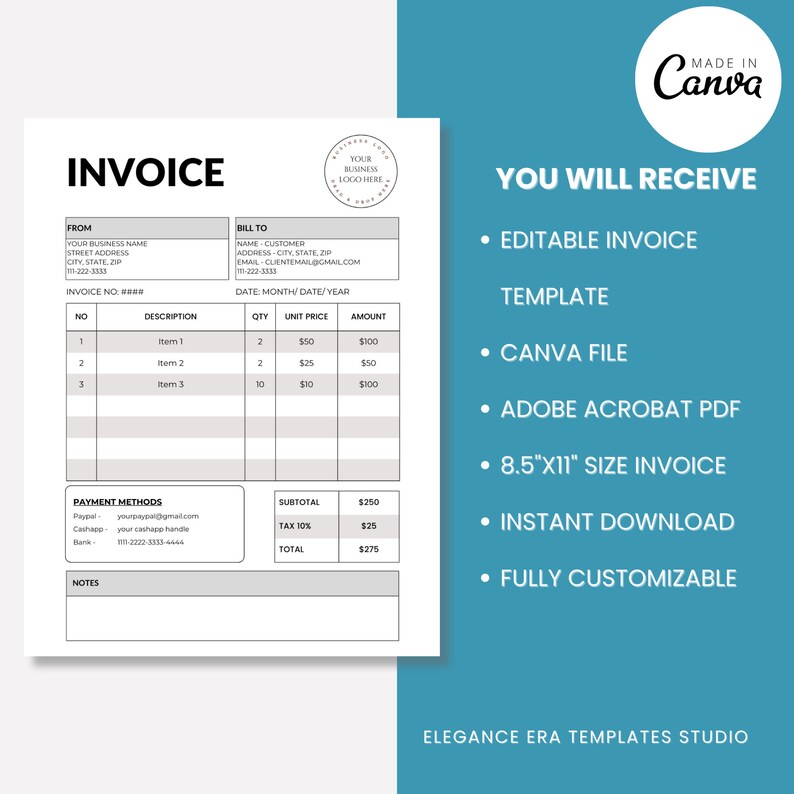 Printable Invoice Custom Form Template Editable Blank Invoice Canva ...
