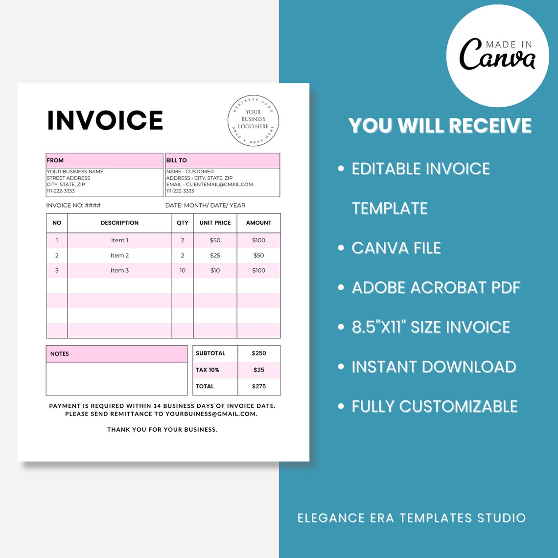 Pink Printable Invoice Custom Form Template Editable Blank Invoice ...