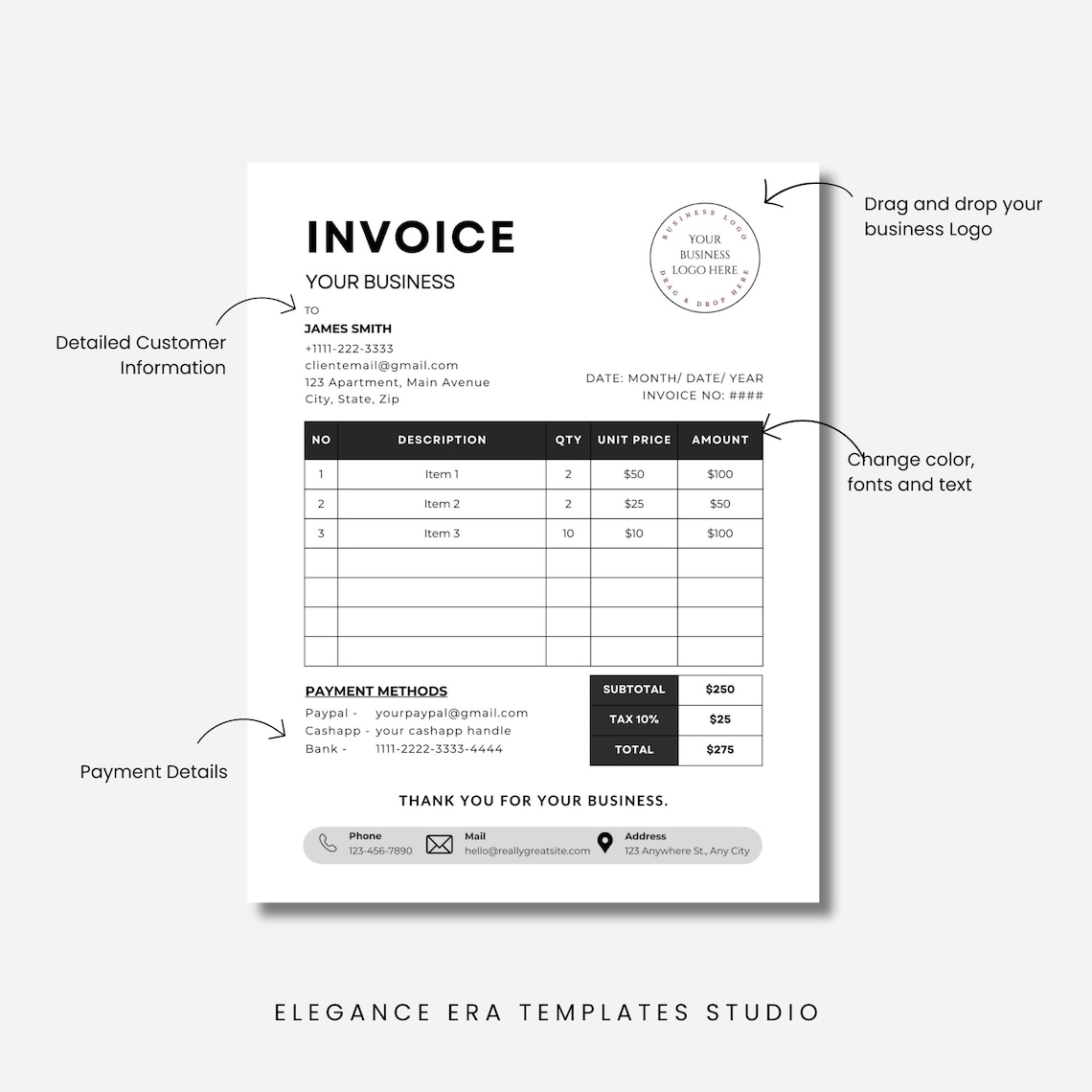 Printable Invoice Custom Form Template Editable Blank Invoice - Etsy