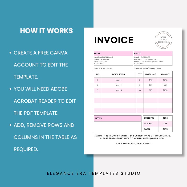 Pink Printable Invoice Custom Form Template Editable Blank Invoice ...