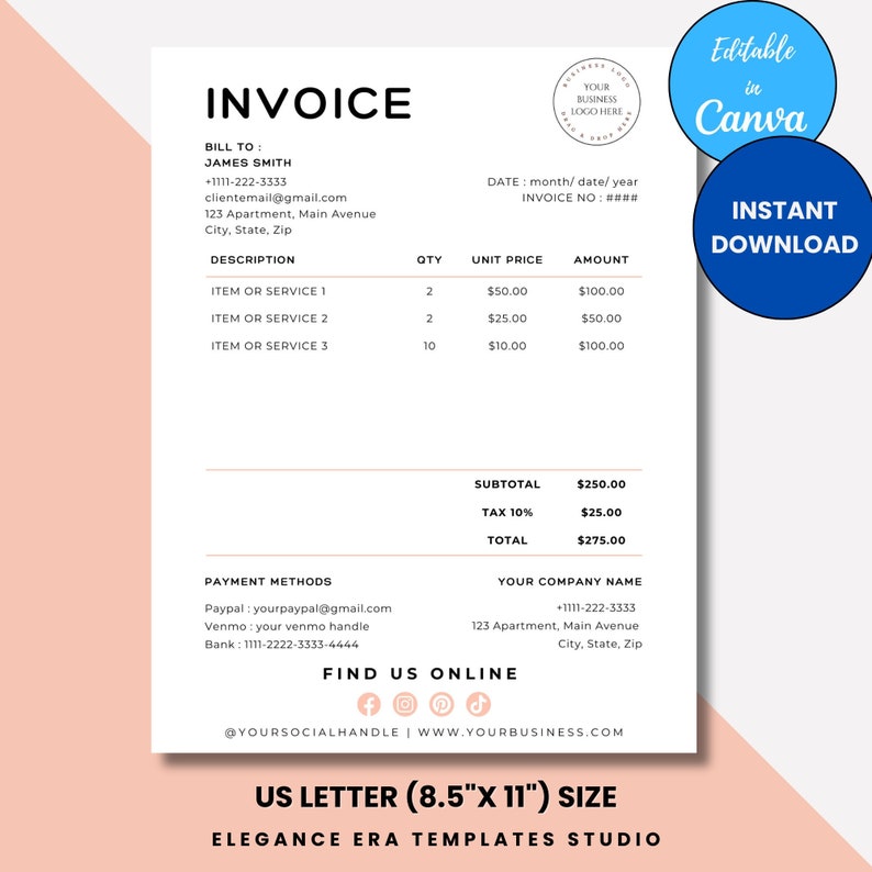 Minimalist Invoice Custom Logo Form Template Printable Editable Blank ...