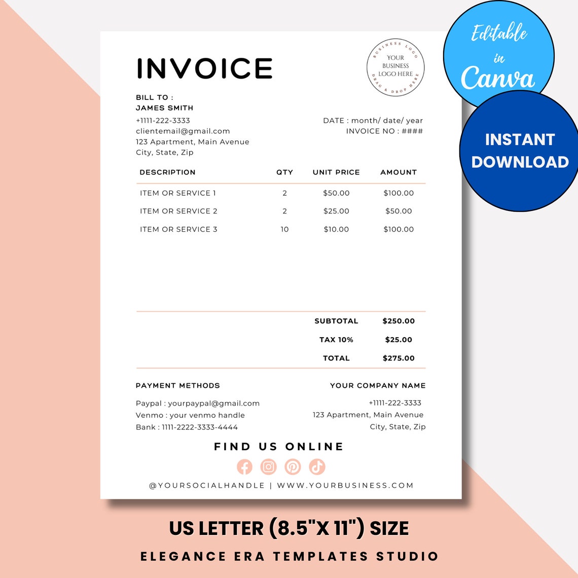 Minimalist Invoice Custom Logo Form Template Printable Editable Blank ...