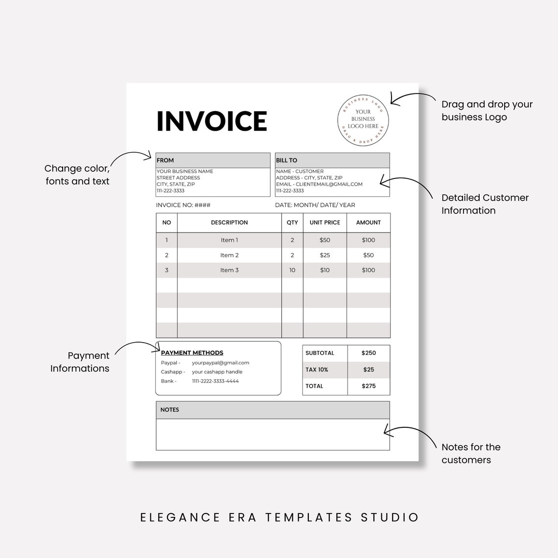Editable Blank Invoice Custom Form Template Printable Black and White ...