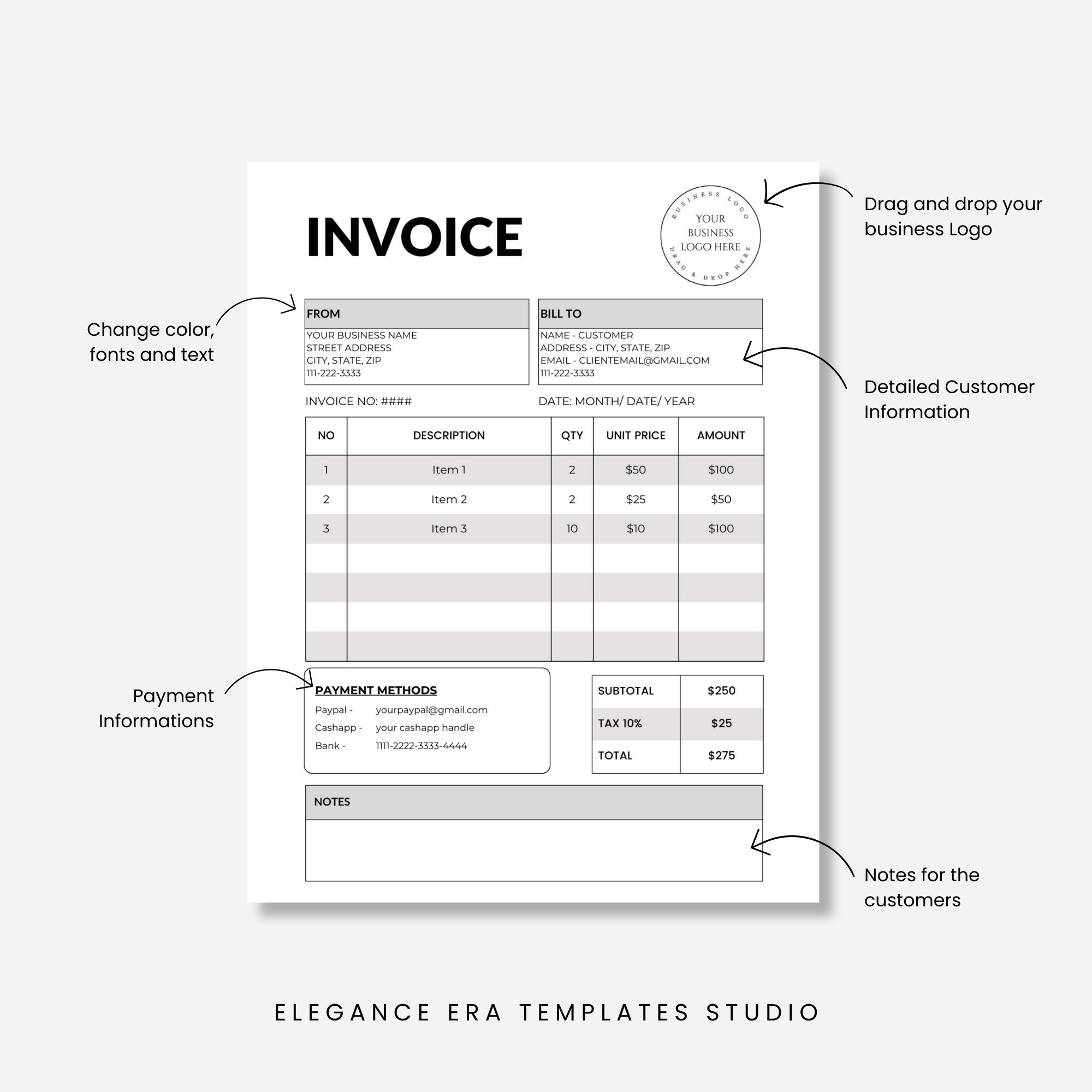 Printable Invoice Custom Form Template Editable Blank Invoice Canva ...