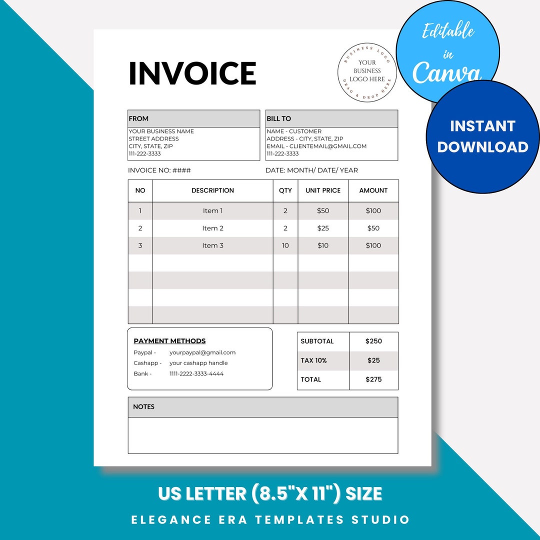 Editable Blank Invoice Custom Form Template Printable Black and White ...