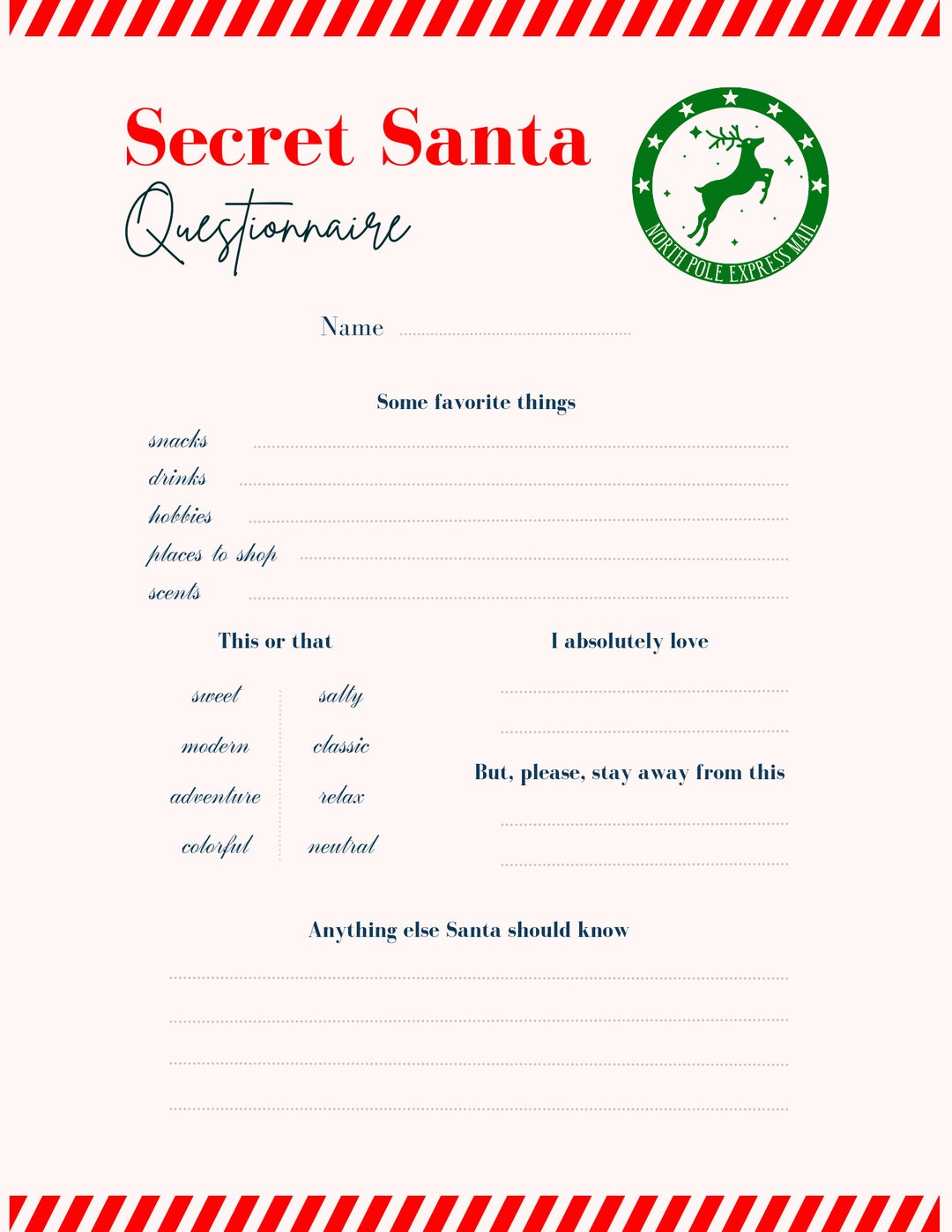 Secret Santa Questionaire, Secret Santa, Kris Kringle - Etsy