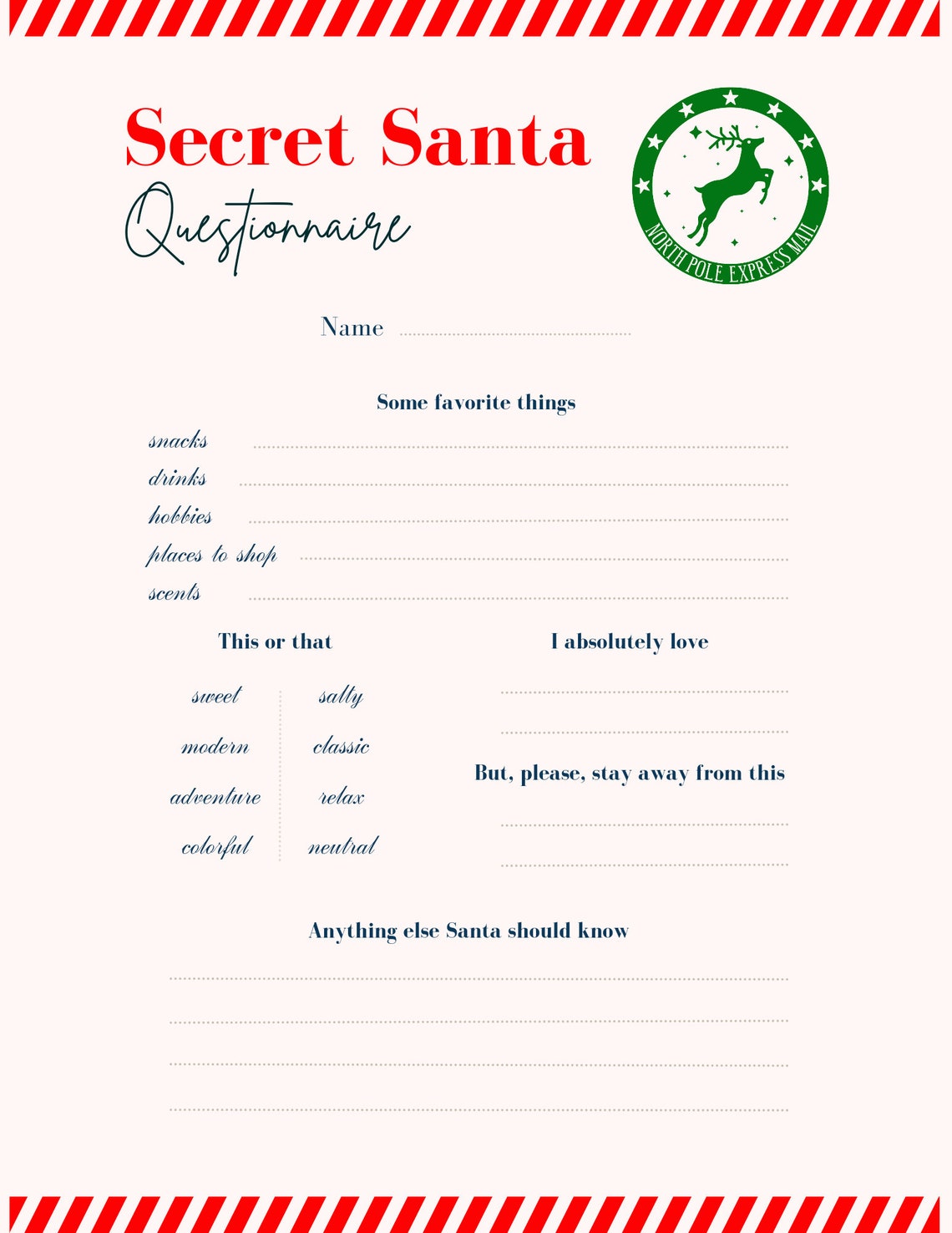 Secret Santa Questionaire, Secret Santa, Kris Kringle - Etsy
