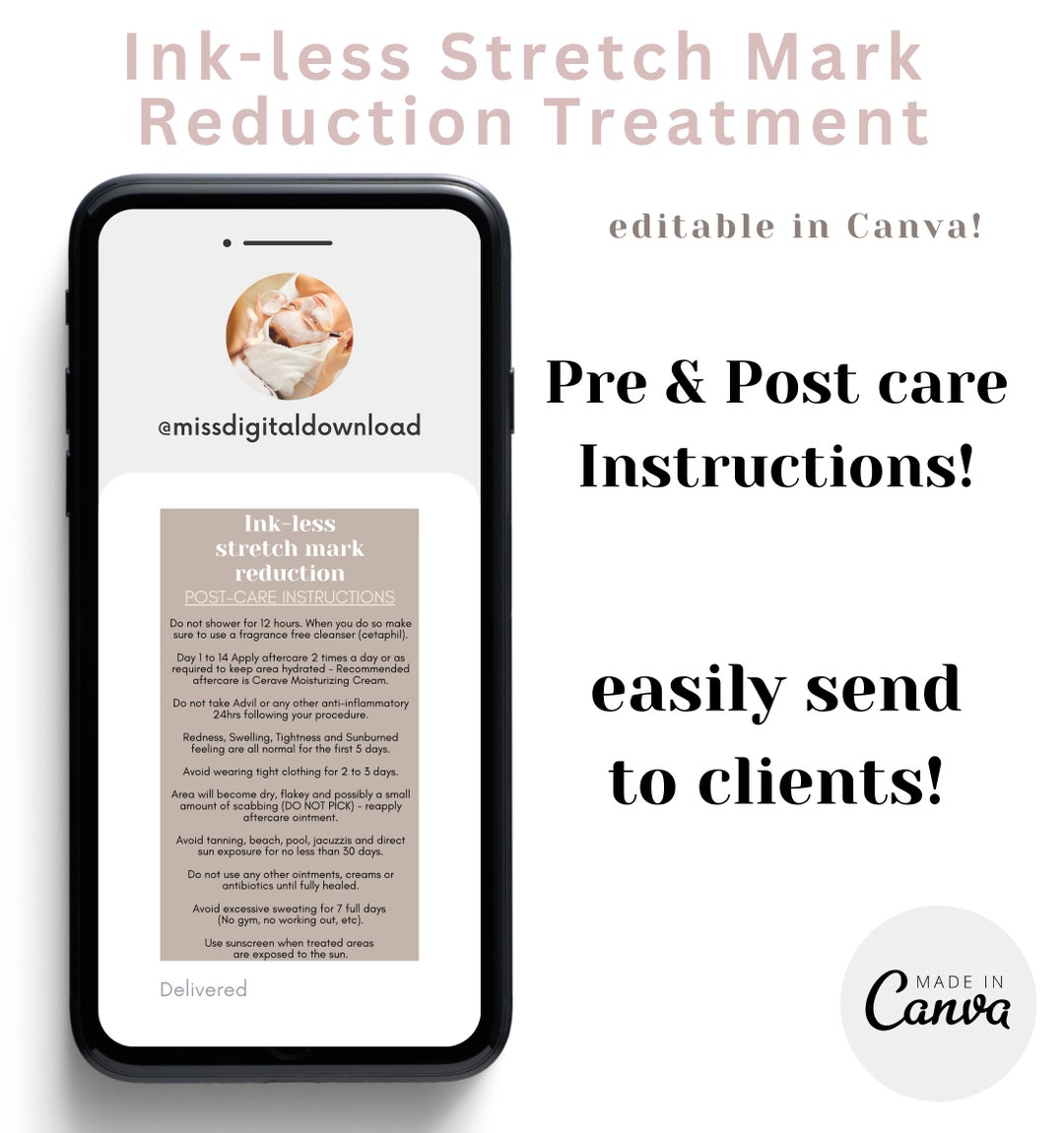 Editable Inkless STRETCH MARK REDUCTION Precare Aftercare Card Template ...