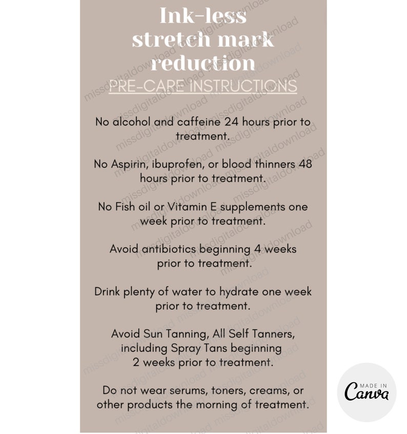 Editable Inkless STRETCH MARK REDUCTION Precare Aftercare Card Template ...