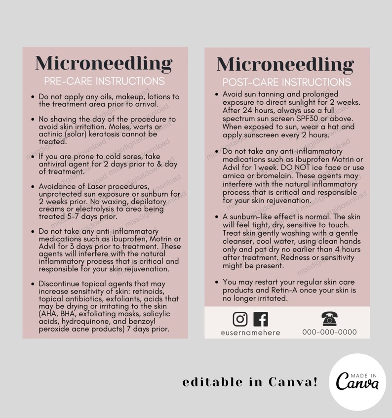 Editable MICRONEEDLING Microchanneling Precare Postcare Template for ...