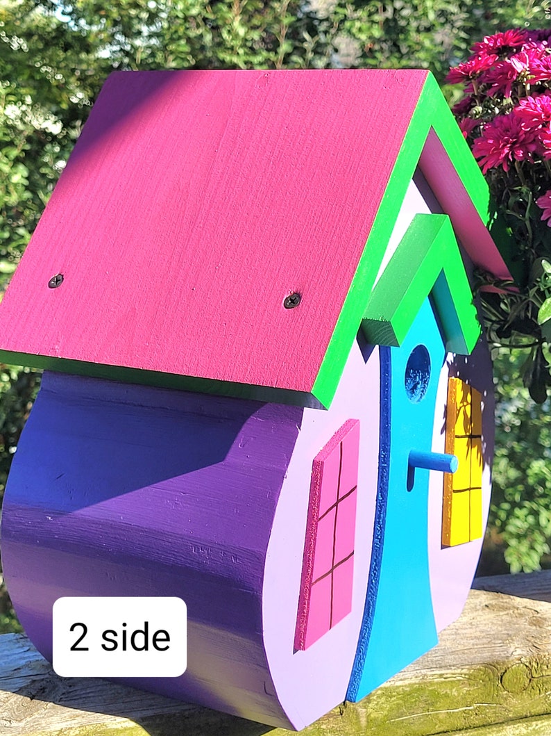 Rounded Whimsical Wooden Birdhouse, Hand Painted, 5 Color Combinations ...