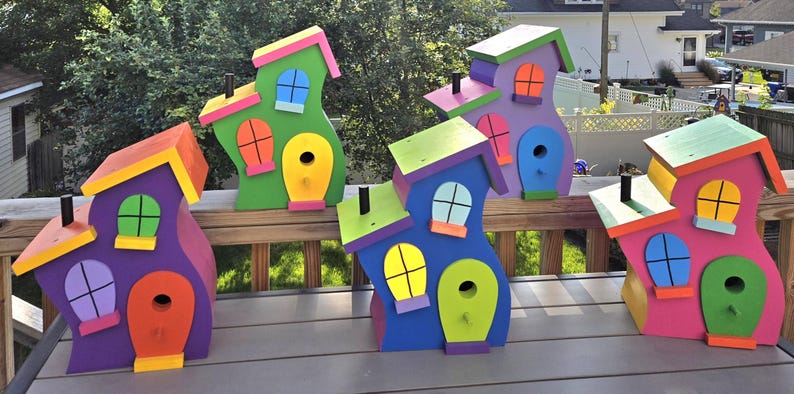 Whimsical Round Door Wooden Birdhouse, Hand Painted, 5 Color ...