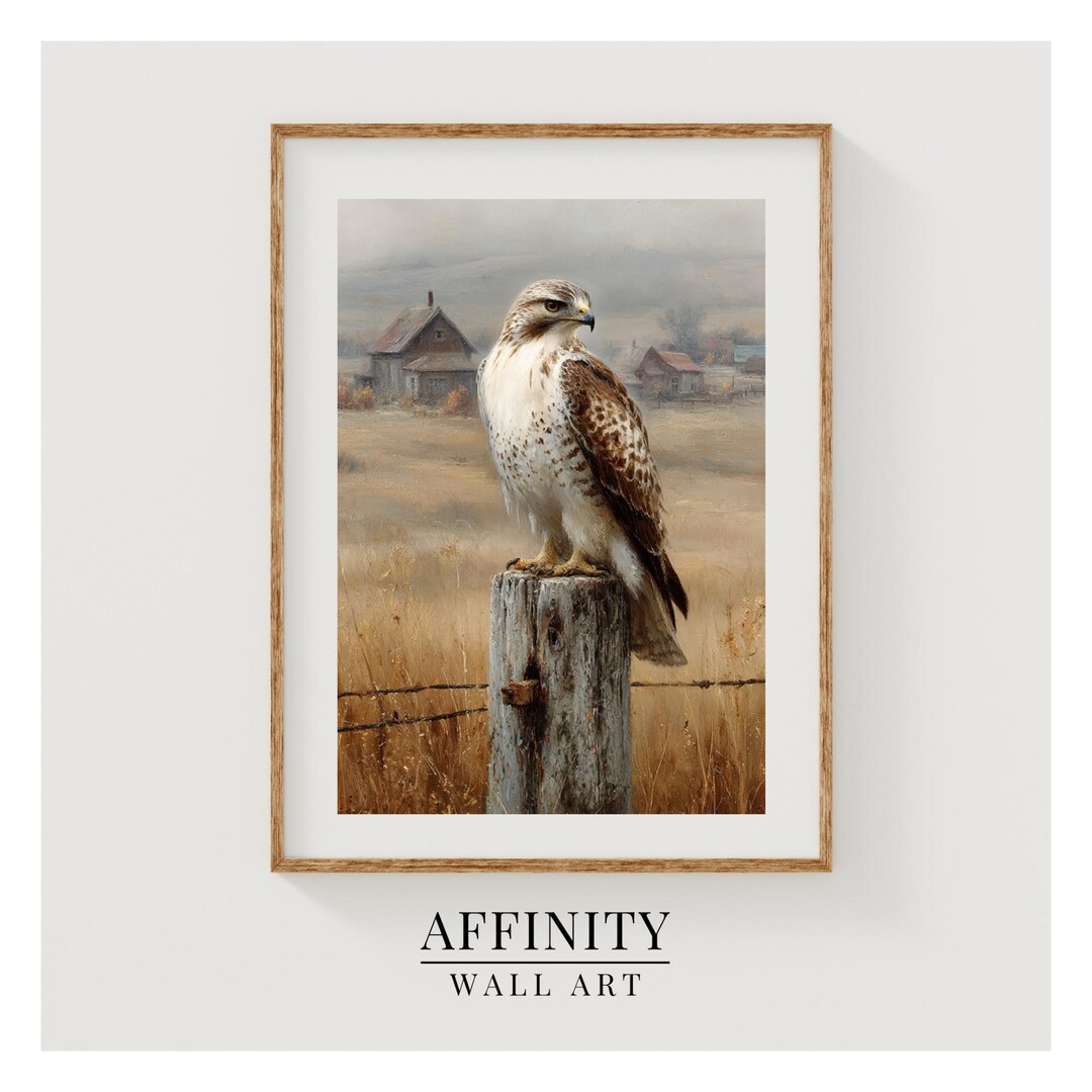 Rustic Hawk on Fence Post: Vintage 19th Century Wildlife Oil Painting ...