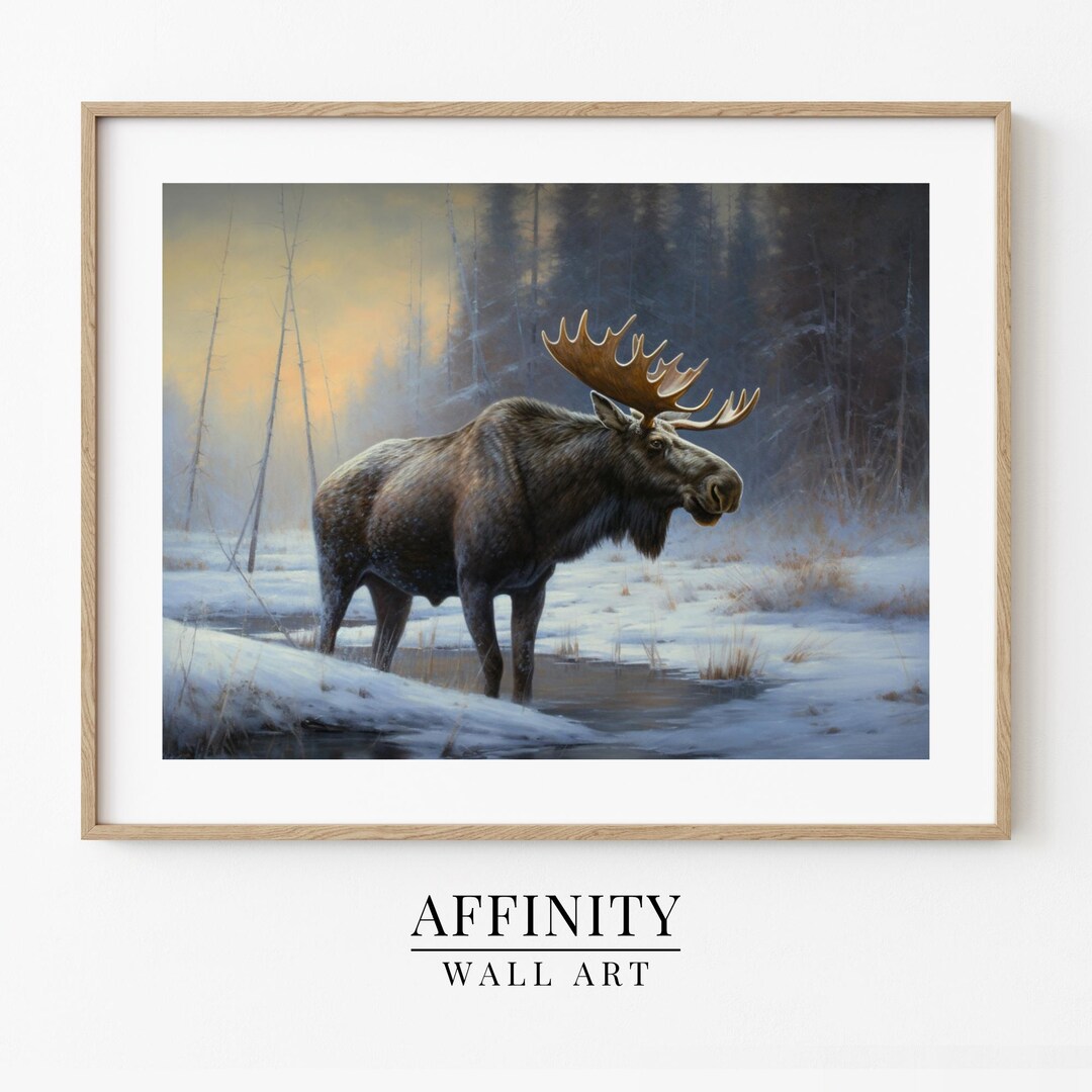 Rustic Moose Oil Painting - Frosty Tundra Wildlife Art - Hand-painted ...