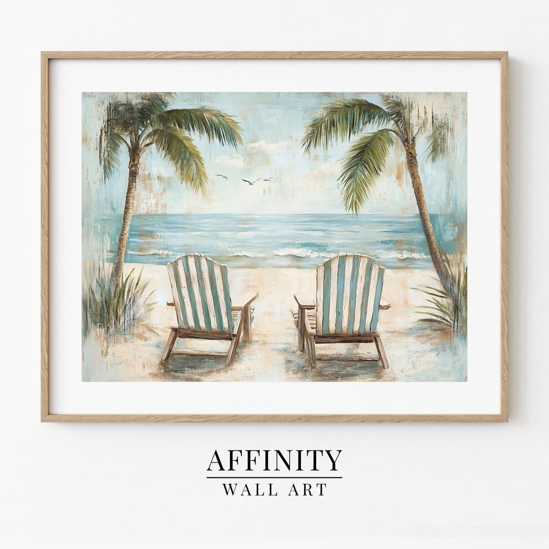Vintage Beach Chairs Oil Painting Coastal Wall Art Palm Tree Seaside ...