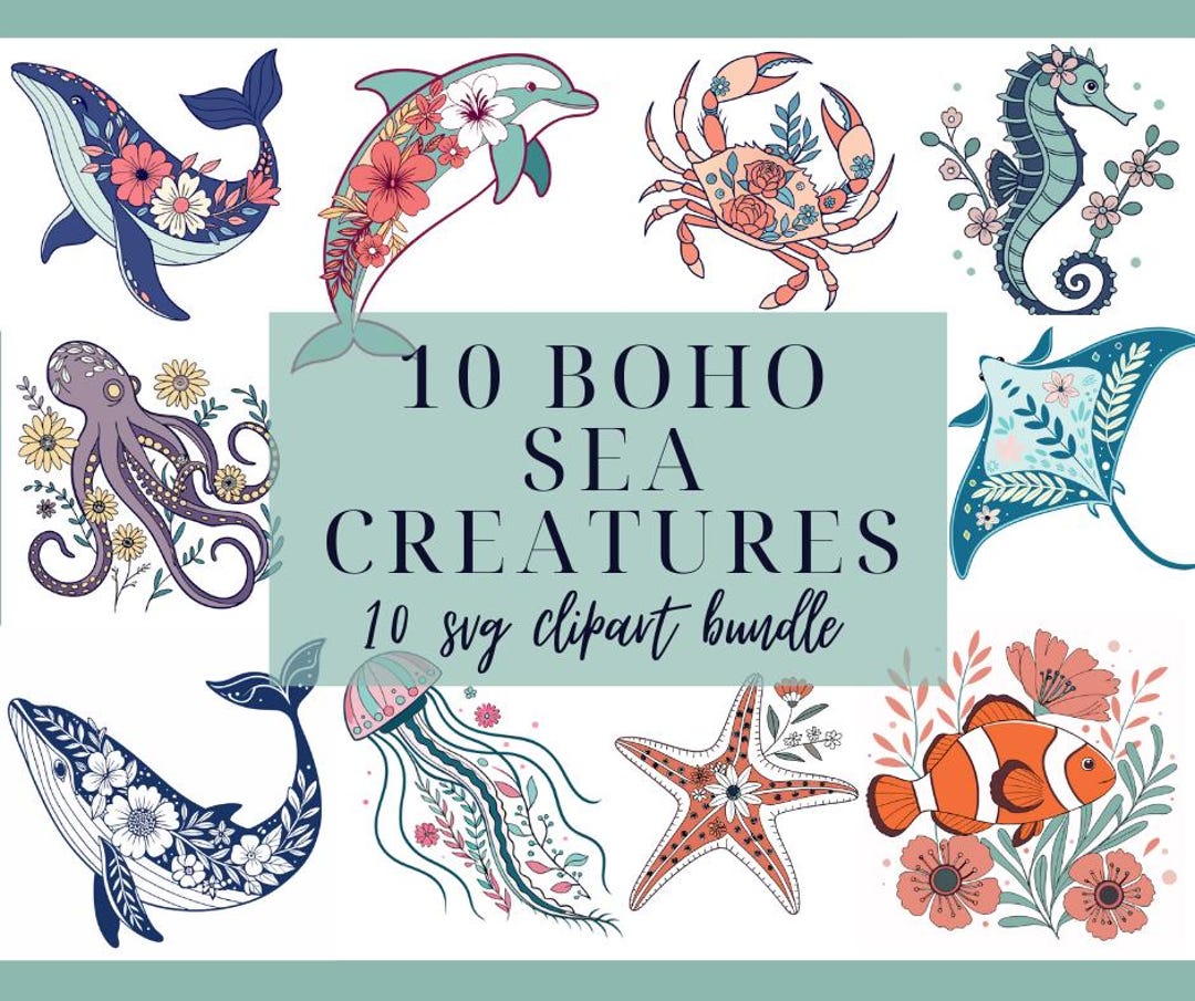 10 Sea Creatures SVG, Floral Whale Clipart, Ocean SVG, Seahorse Svg ...