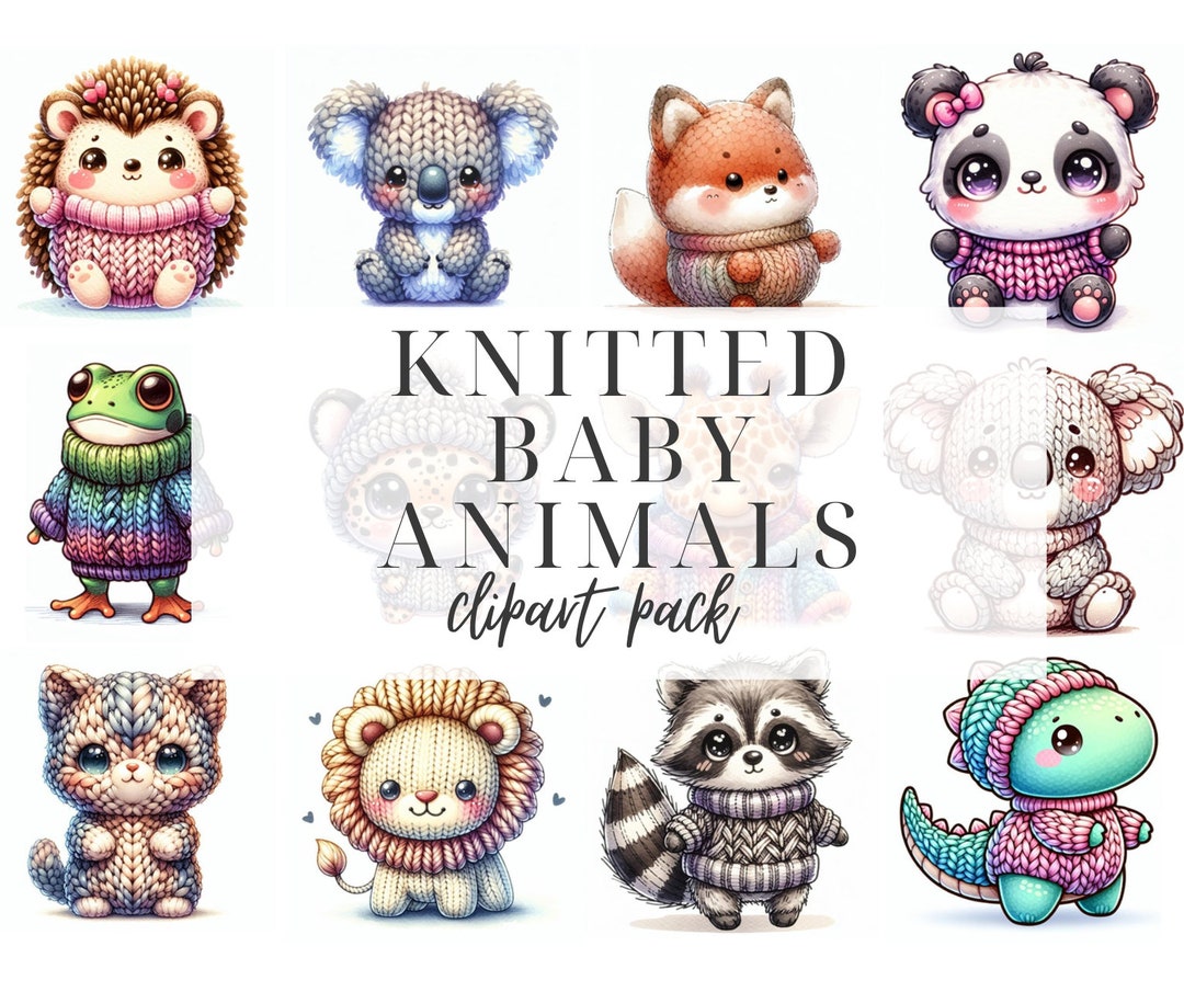 12 Knitted Baby Animal Clipart, Koala Bear, Hedgehog, Panda, Frog ...