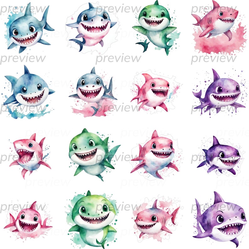 Baby Shark Watercolor PNG Bundle, Shark Clipart Bundle, Zoo Animal ...