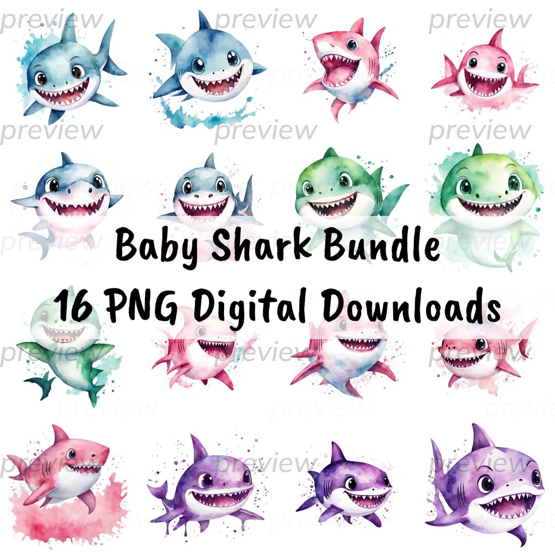 Baby Shark Watercolor PNG Bundle, Shark Clipart Bundle, Zoo Animal ...