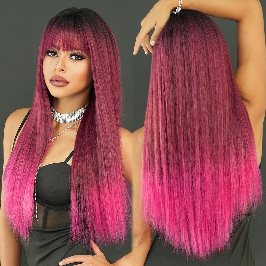 Long Wave Pink Highlights Wig Pink Wig Bangs Blonde Long - Etsy