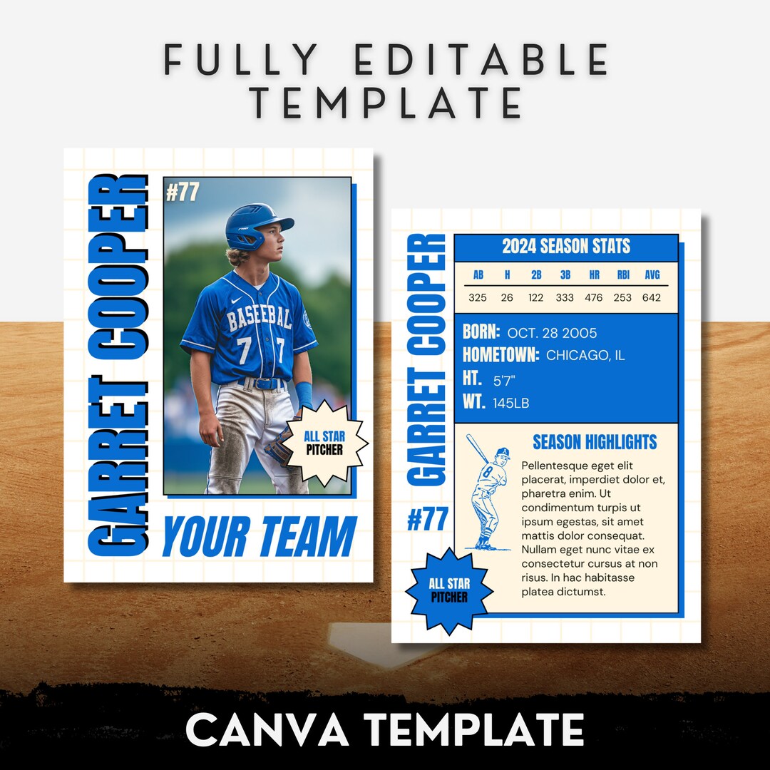 Baseball Player Card Canva Template Custom Baseball Trading Card T Ball ...